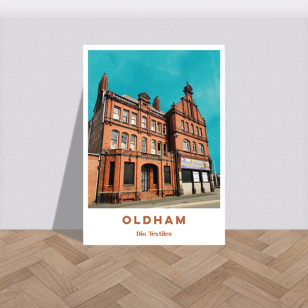 Din Textiles Oldham Manchester Blue Sky Print - Graphic Urban Skyline ...