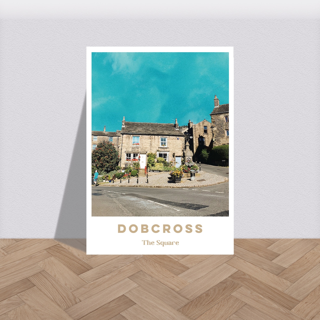 The Square Dobcross Saddleworth Blue Sky Print - Graphic Village Poster, Colourful Gritty Wall ...