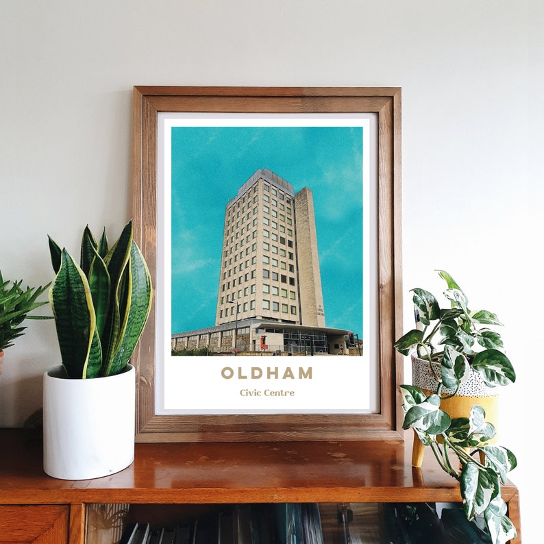 Civic Centre Oldham Manchester Blue Sky Print - Graphic Urban Skyline ...