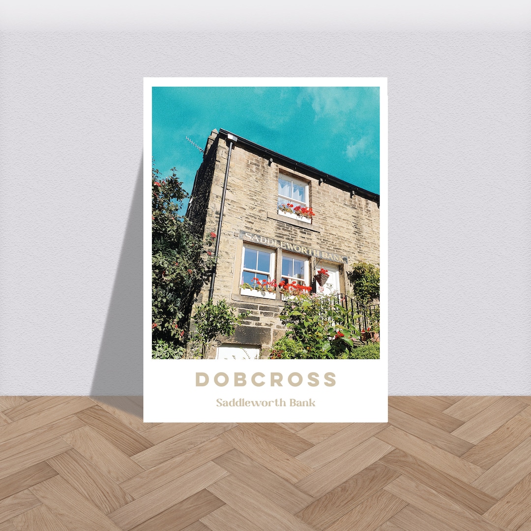 Saddleworth Bank Dobcross Blue Sky Print - Graphic Village Poster, Colourful Gritty Wall Art ...