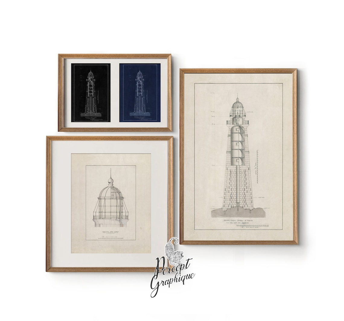Lighthouse Architectural Blueprint Art Print Set | Vintage Illustration ...