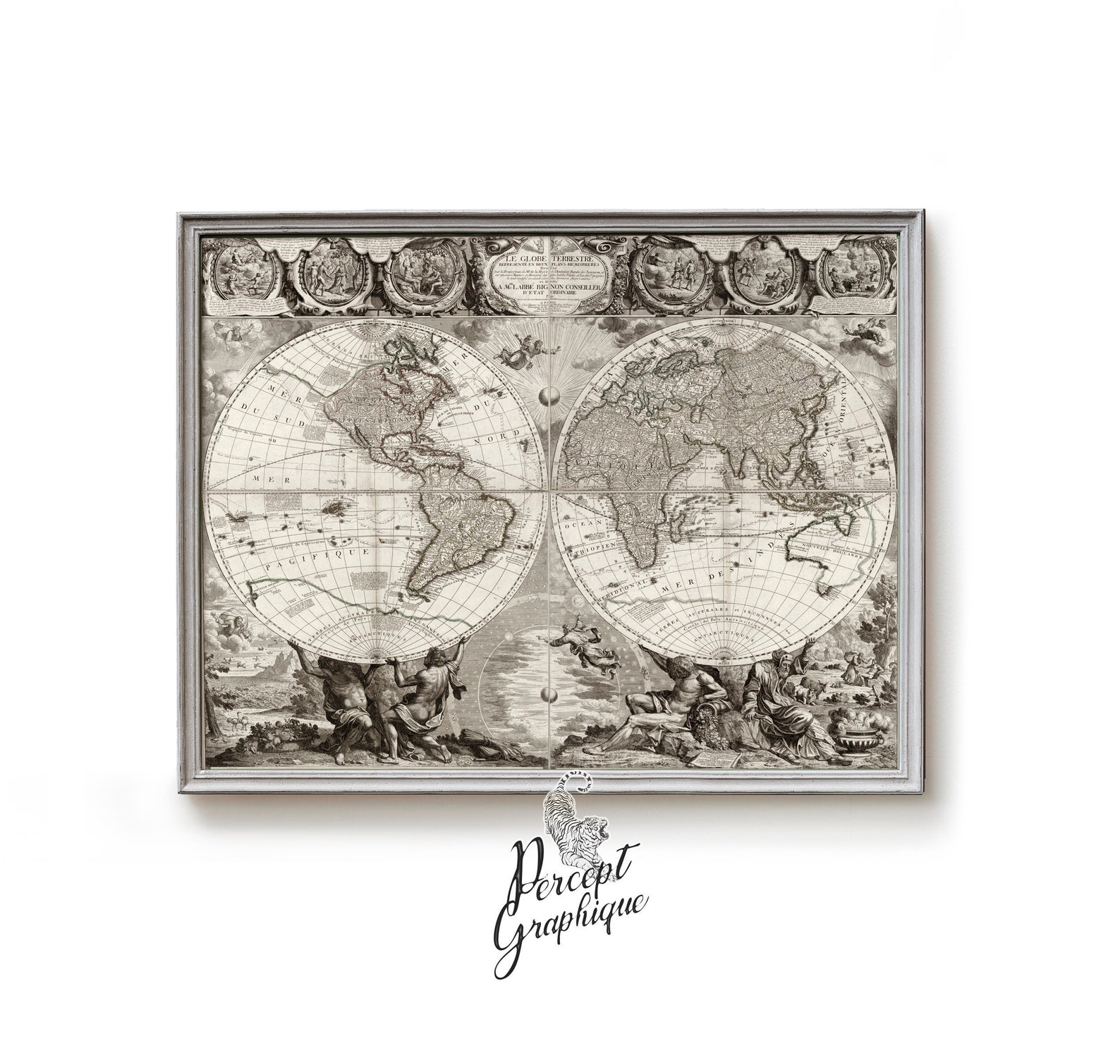 Gorgeous Antique Oversized World Map | Large Vintage Illustration ...