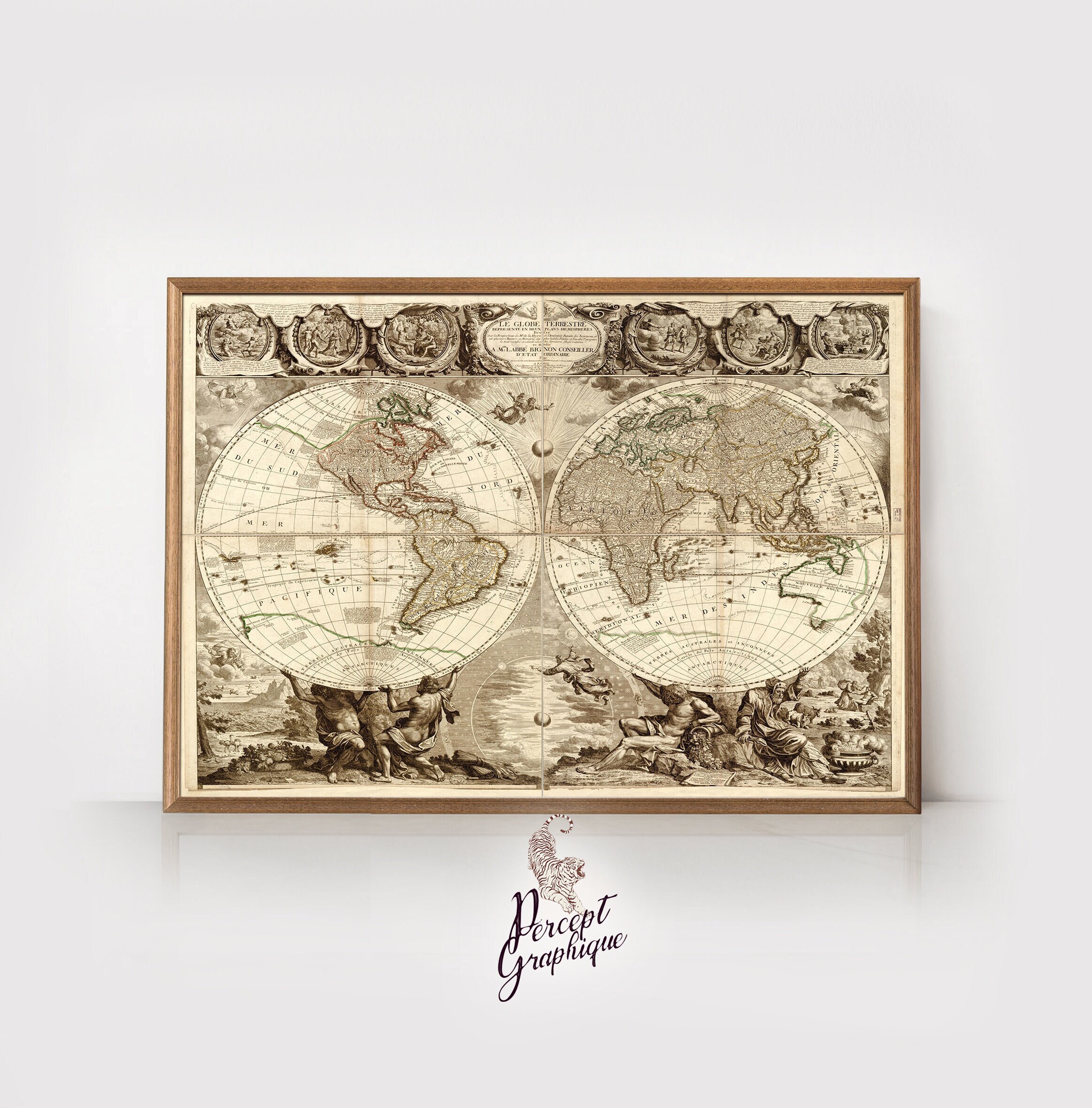 Gorgeous Antique Oversized World Map Large Vintage Illustration Home ...