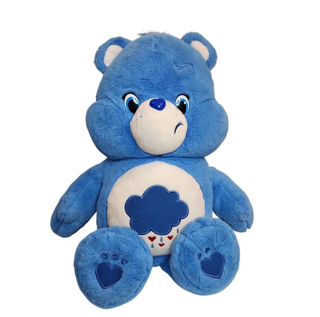 20" Care Bear Grumpy Bear Blue Cloud Badge Raindrops Hearts Plush Just ...