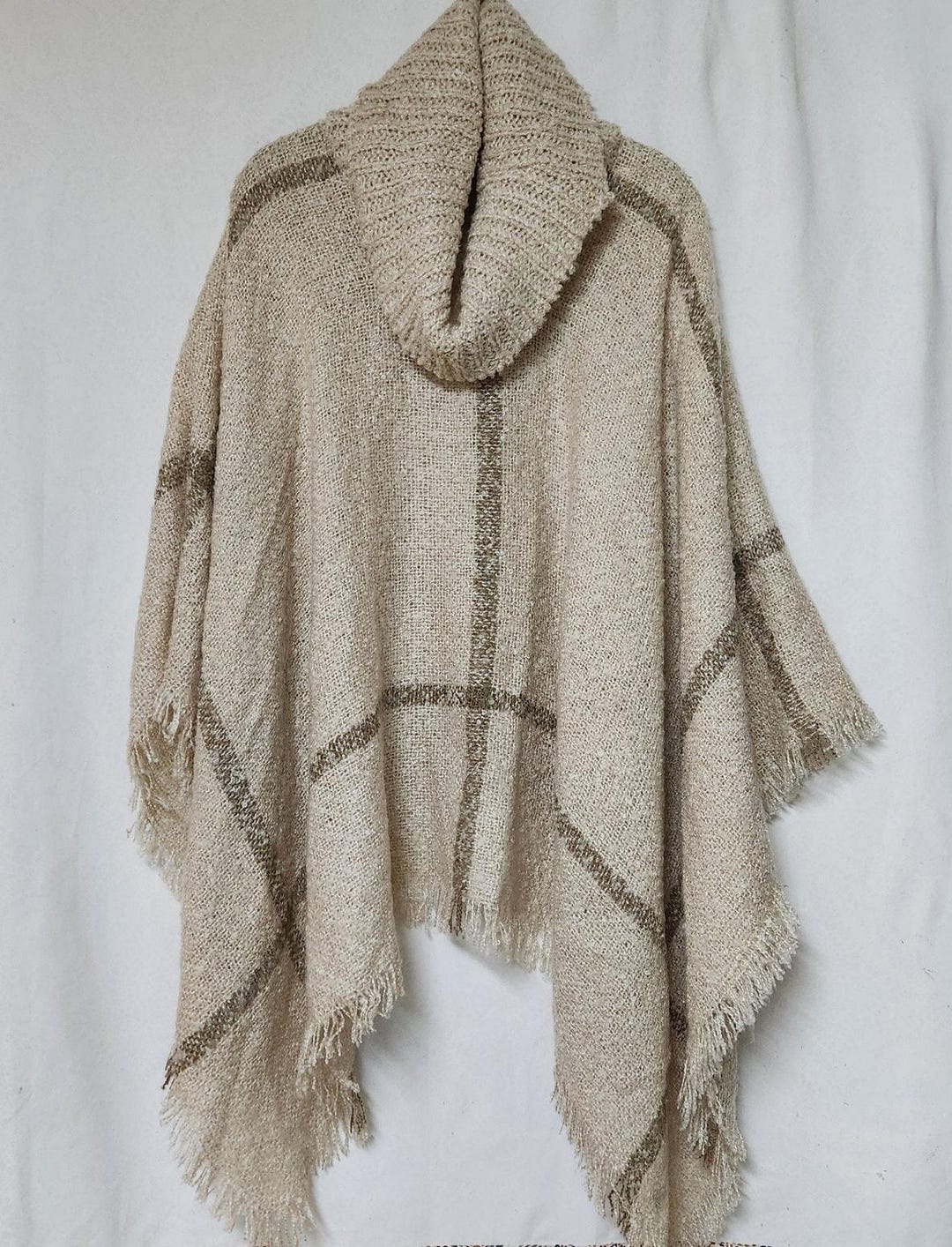 Maison Jules Brand Cowl Neck Poncho Fringed Infinity Shawl Beige Soft ...