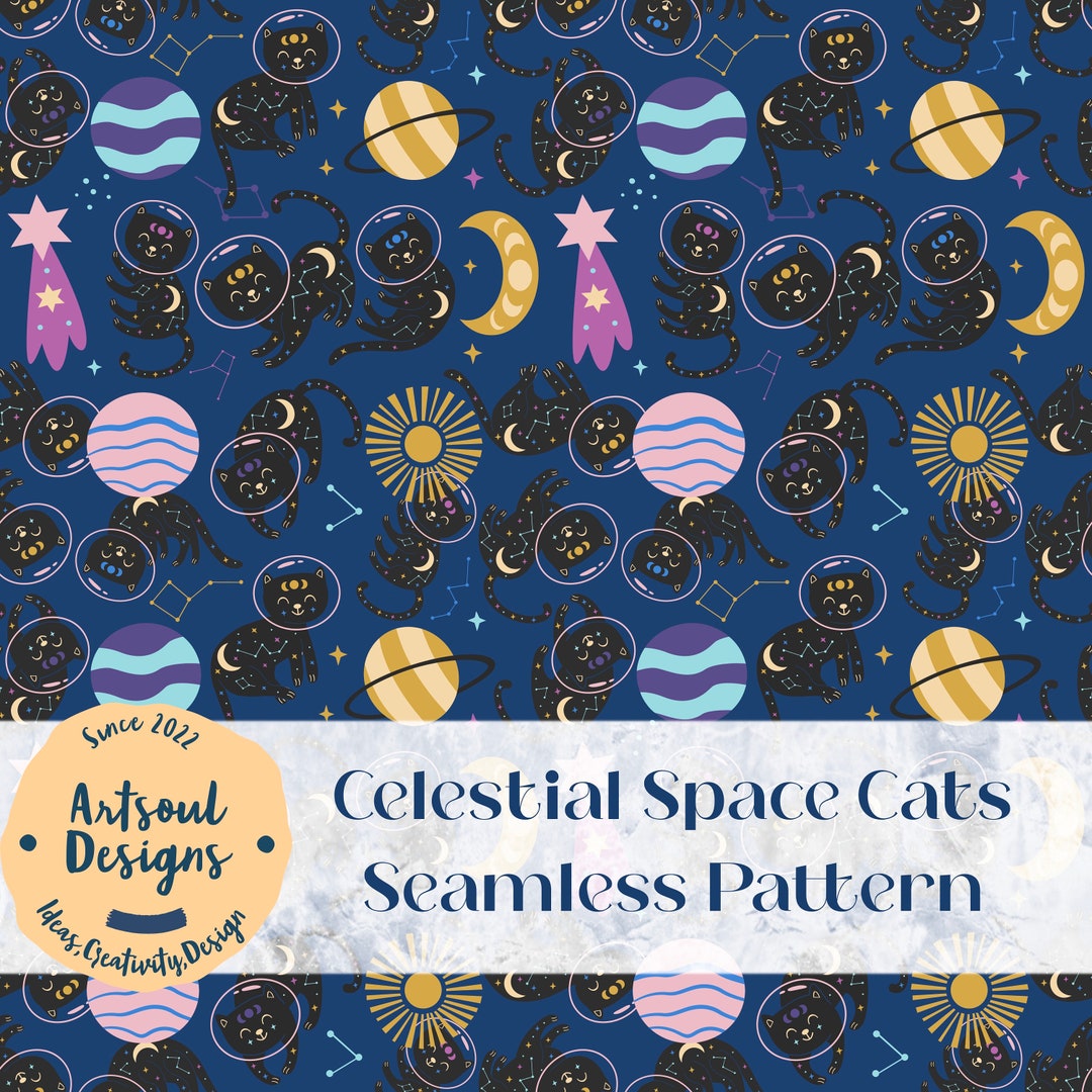 Celestial Space Cats Repeating Seamless Pattern Design,tiling Designs,paper,fabric,commercial ...