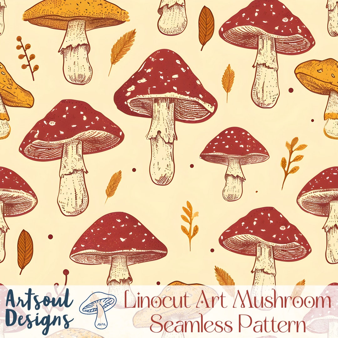 Linocut Art Mushroom Repeating Seamless Pattern Design,tiling Design,digital Paper,fabric ...