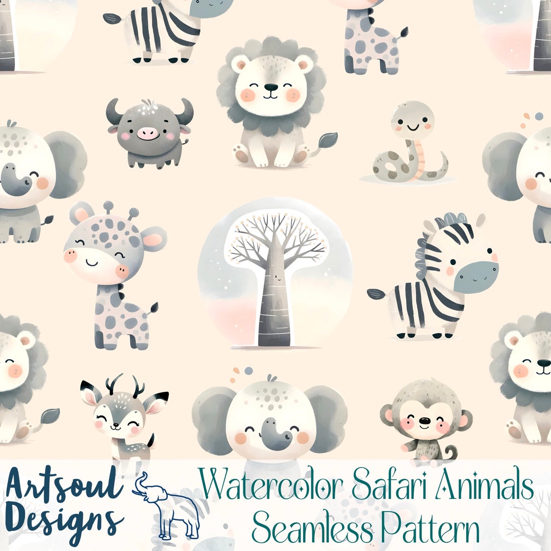 Watercolor Safari Animals Seamless Pattern - Nursery Decor, Kids Fabric ...