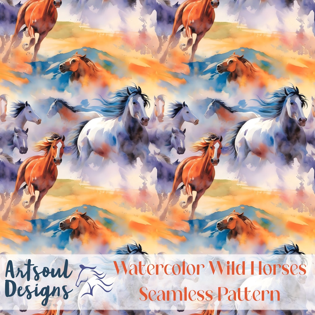 Watercolor Wild Horses Seamless Pattern: Fabric Design (digital ...