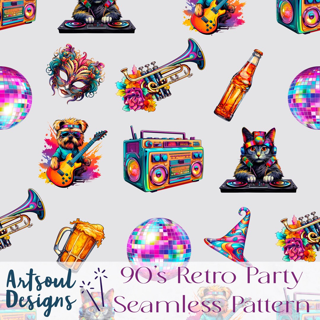 90s Retro Party Seamless Pattern for Commercial Use, Surface Pattern ...
