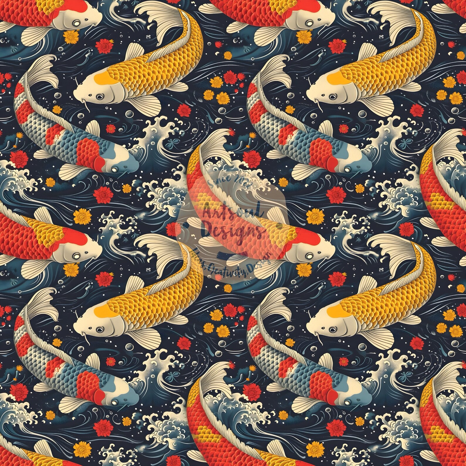 Koi Fish and Waves Seamless Pattern Perfect for Fabric, Wallpaper, and ...