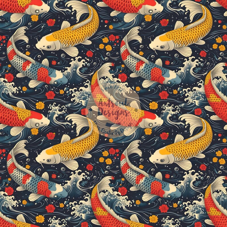 Koi Fish and Waves Seamless Pattern Perfect for Fabric, Wallpaper, and ...