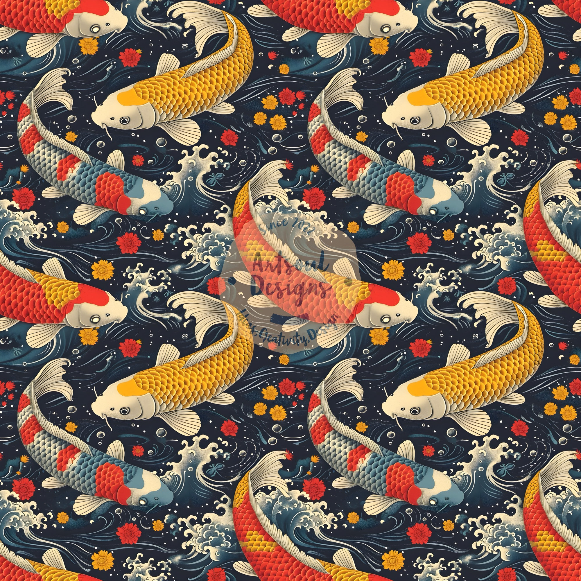 Koi Fish and Waves Seamless Pattern Perfect for Fabric, Wallpaper, and ...