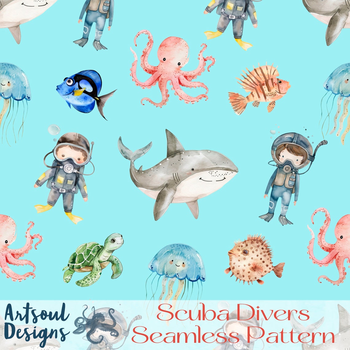 Watercolor Scuba Divers Seamless Pattern: Ocean Nursery Decor (digital ...