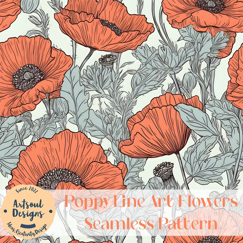 Poppy Line Art Flowers Repeating Seamless Pattern Design,tiling Design ...