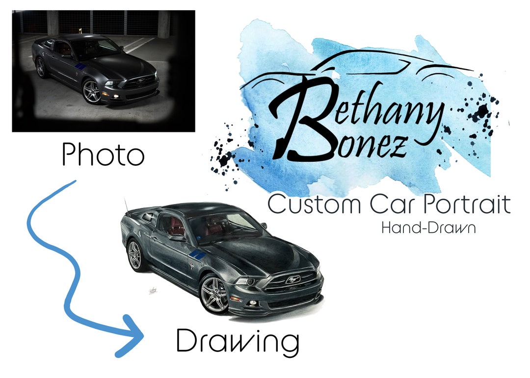 Custom Hand-drawn Car Portraits, Mixed Media Art, Automotive Drawing ...