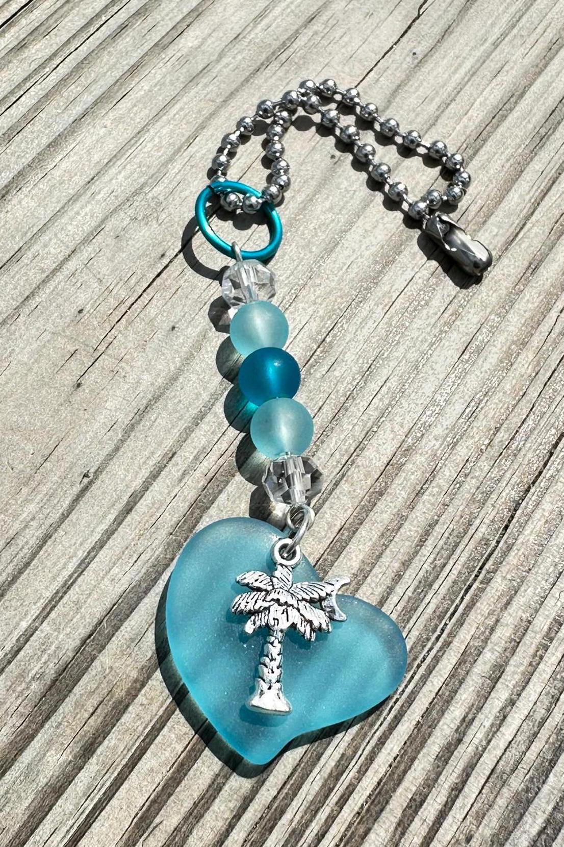 Blue Sea Glass Heart Car Charm: Palm Tree Rearview Mirror Accessory - Etsy
