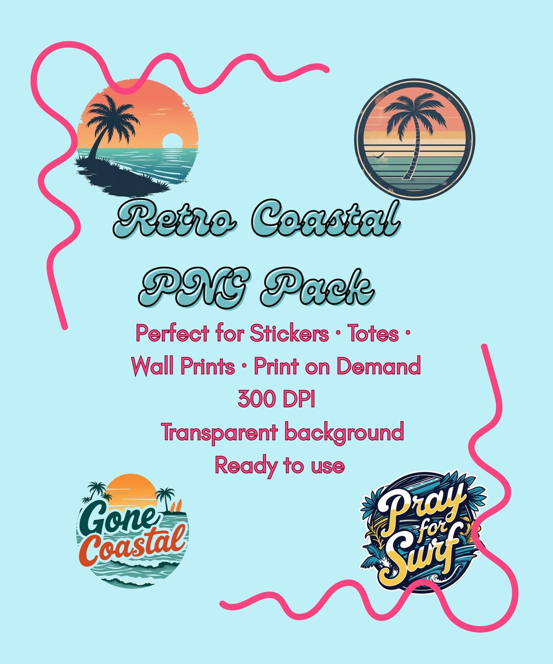 Retro Coastal PNG Bundle: Summer Beach Designs (digital Download, 13 ...