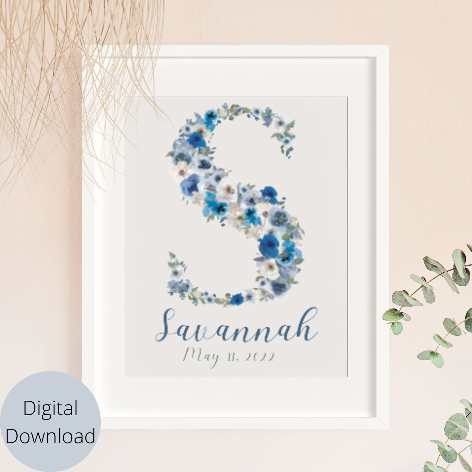 Custom Name Floral Printblue Nursery Decorflower (Instant Download) - Etsy