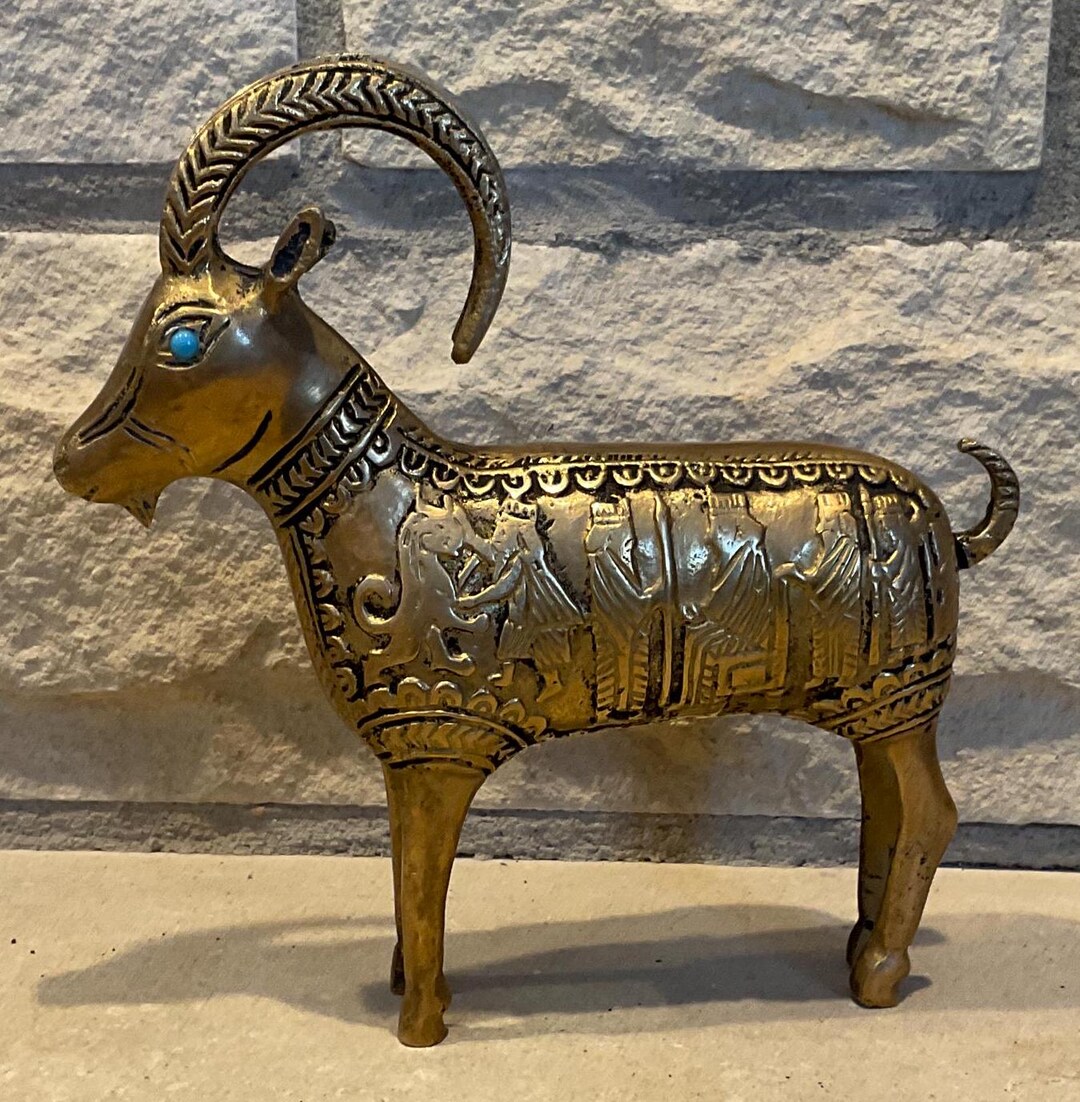 Brass Persian Ram, Blue Glass Eyes, Hieroglyphic Figures on Sides ...