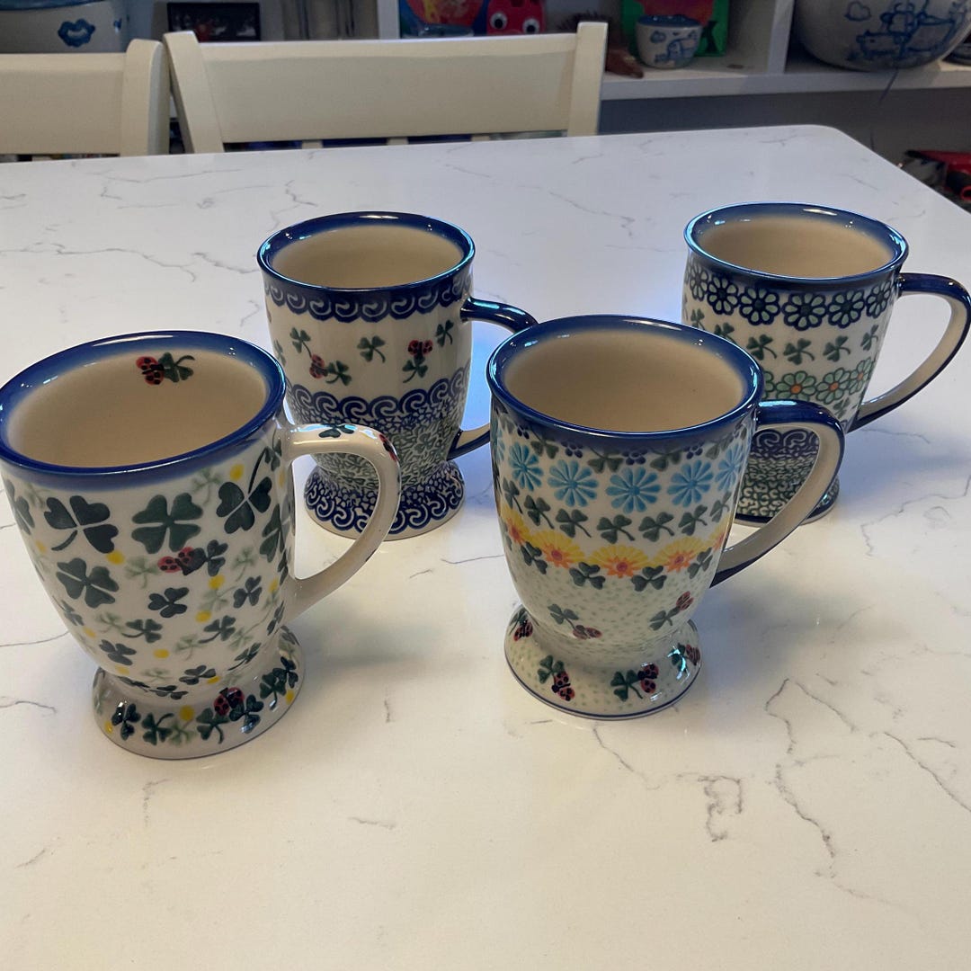 Set of 4 Polish Pottery Pedestal Mugs, Clover, Ladybugs, Flowers. B ...