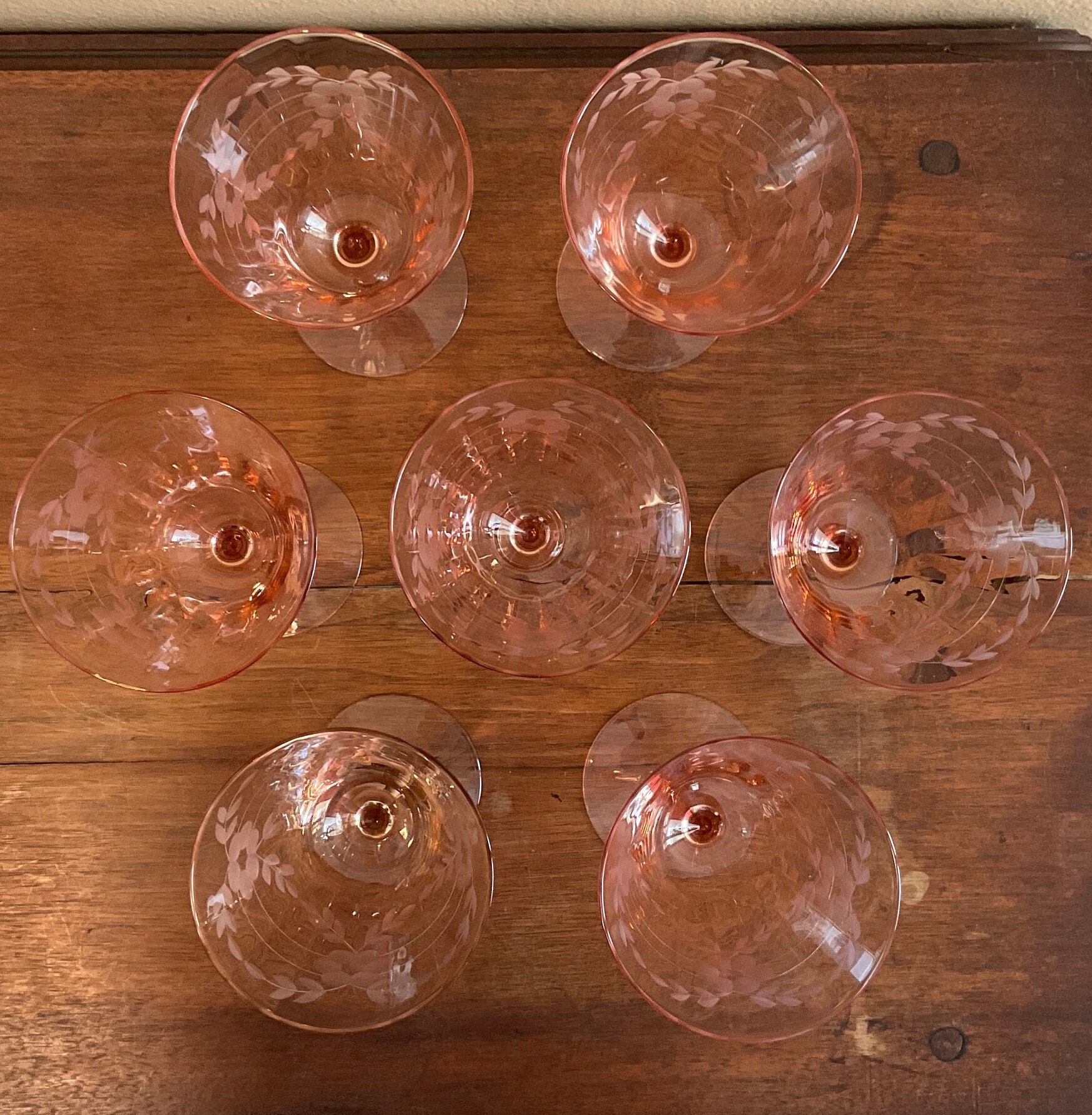 Vintage Standard Glass Blanche Water Goblets Set of 7 Pink Etched 7 5/8 ...