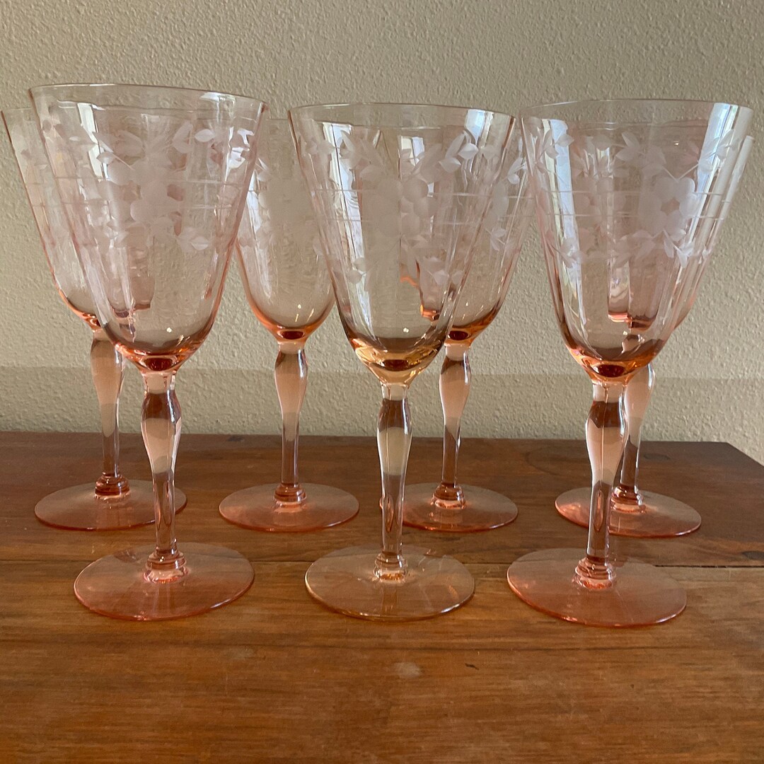 Vintage Standard Glass Blanche Water Goblets Set of 7 Pink Etched 7 5/8 ...