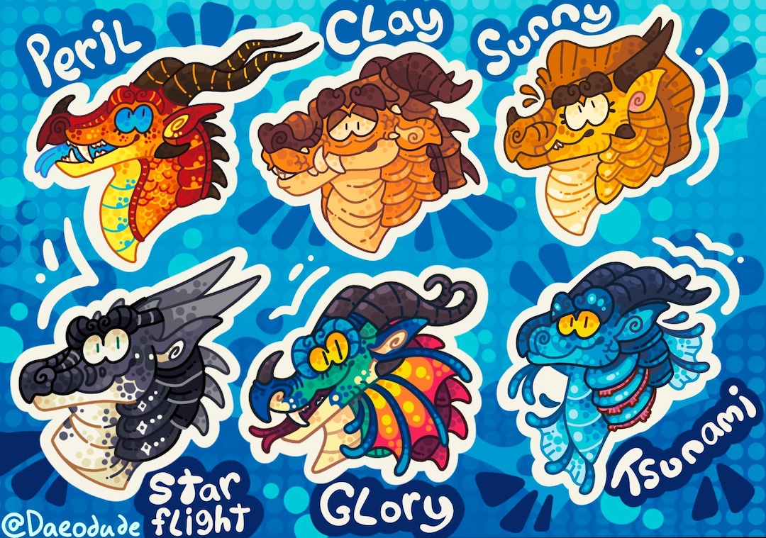 Wings of Fire Set of Three Stickers Featuring: Peril, Clay, Sunny, Starflight, Glory, and ...