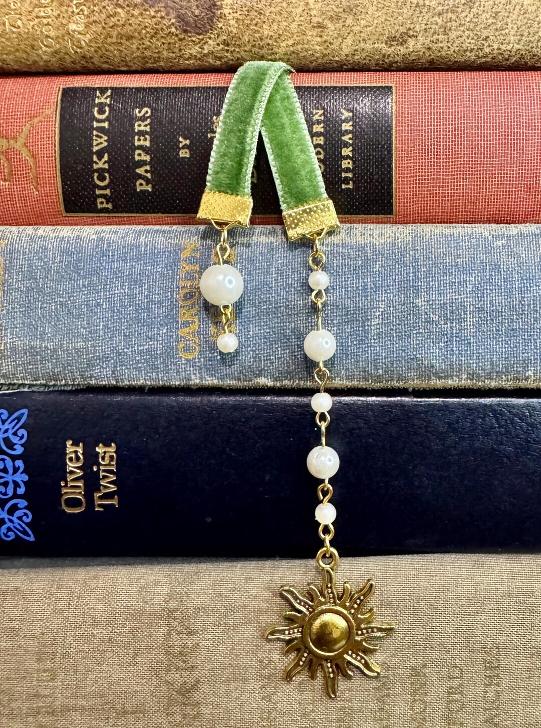 Green Velvet Ribbon Bookmark With Sun Charm | Whimsical and Elegant - Etsy