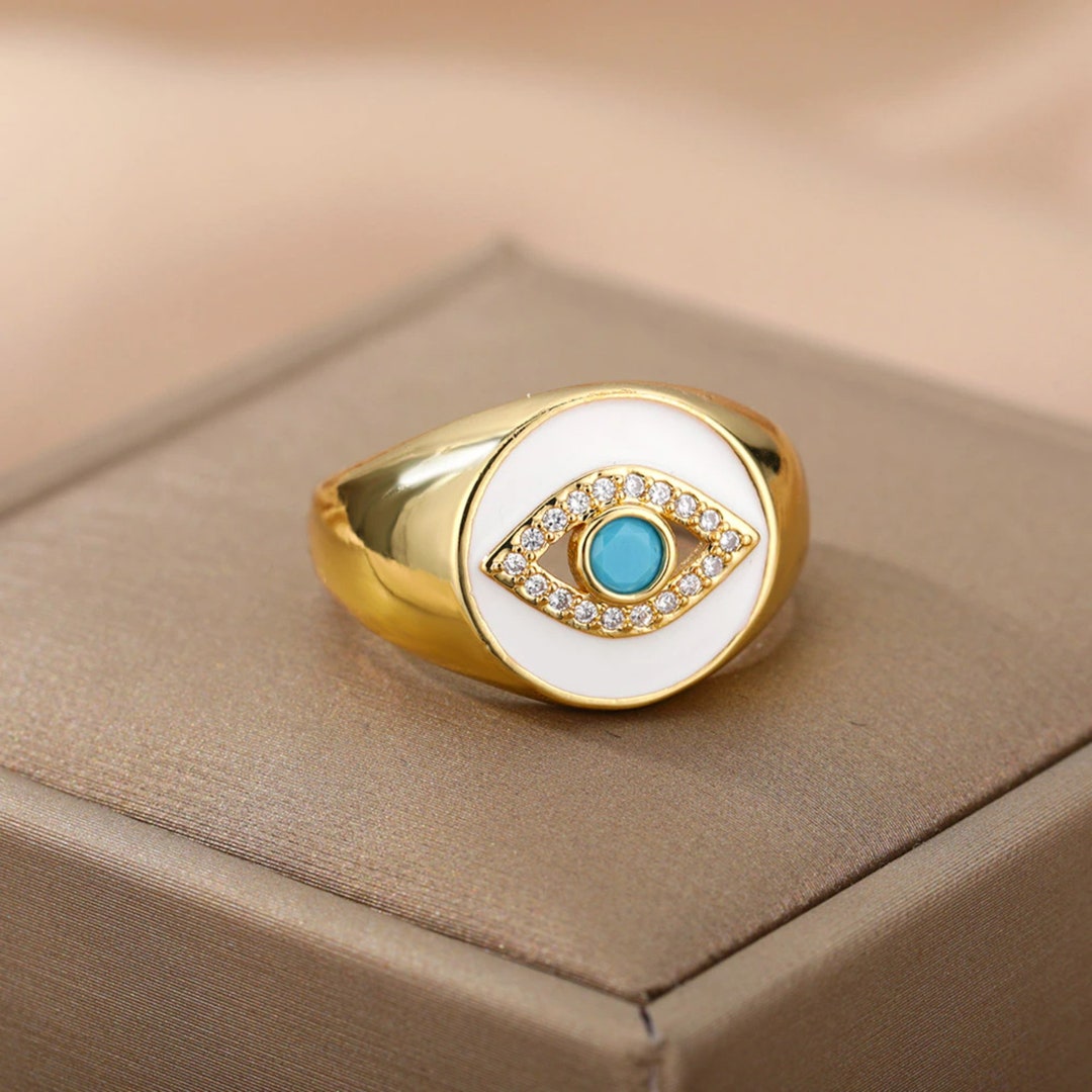 Crystal Gold Evil Eye Ring, Blue Evil Eye Ring, Gold Adjustable Eye ...