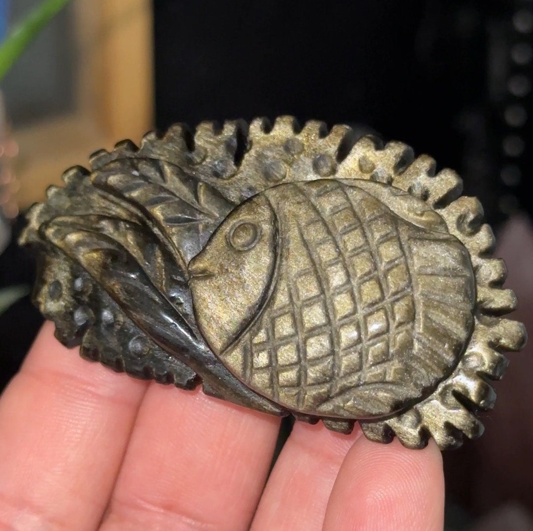 Gold Sheen Obsidian Ocean Fish HQ Carving Crystal Gemstone Full Flash ...