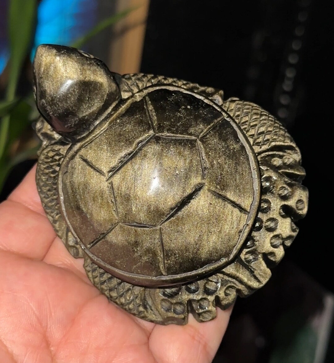 Large Gold Sheen Obsidian HQ Marine Sea Turtle Carving Crystal Gemstone ...