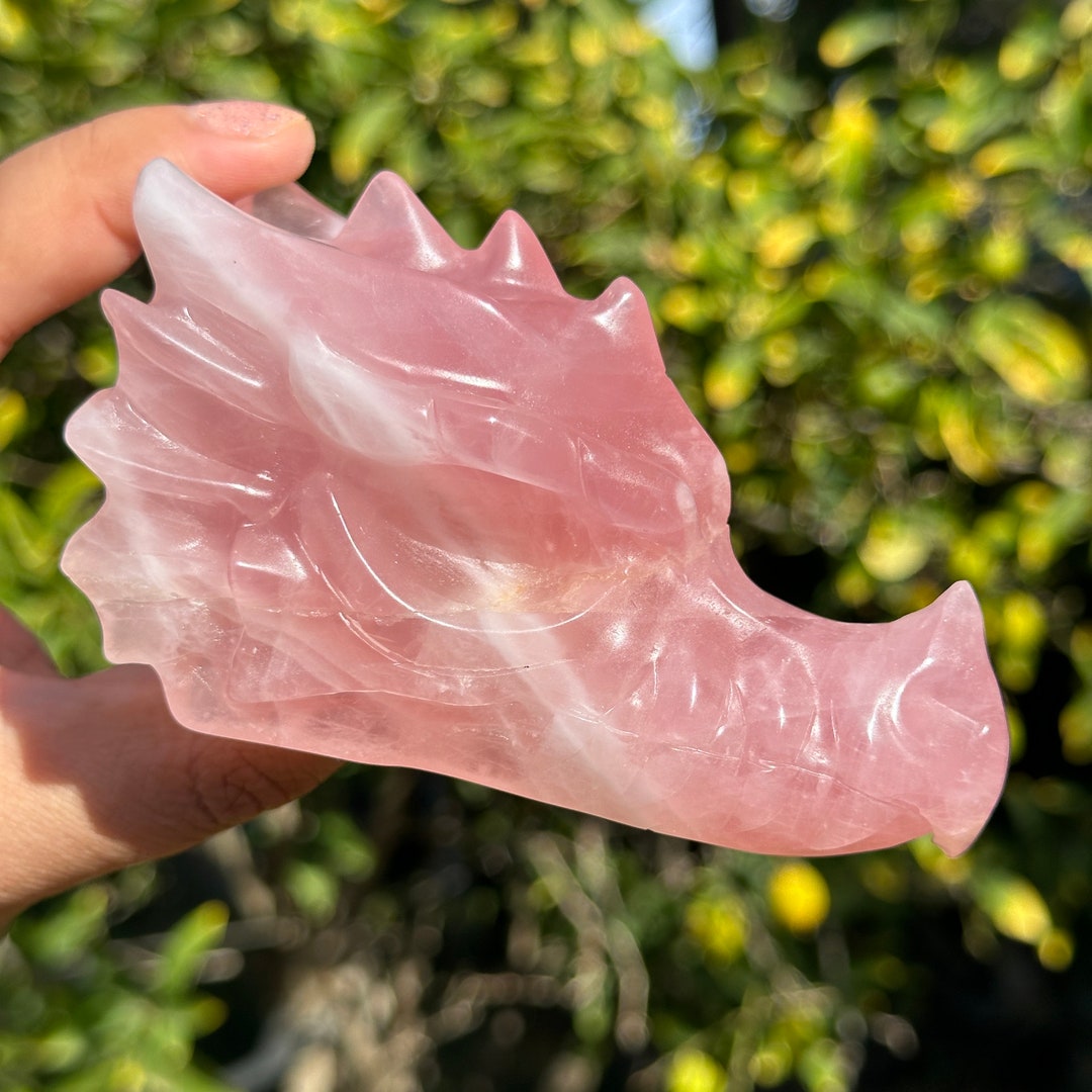 4.5” HQ Pink Gemmy Rose Quartz Dragon Carving Dragons Skull Crystal ...