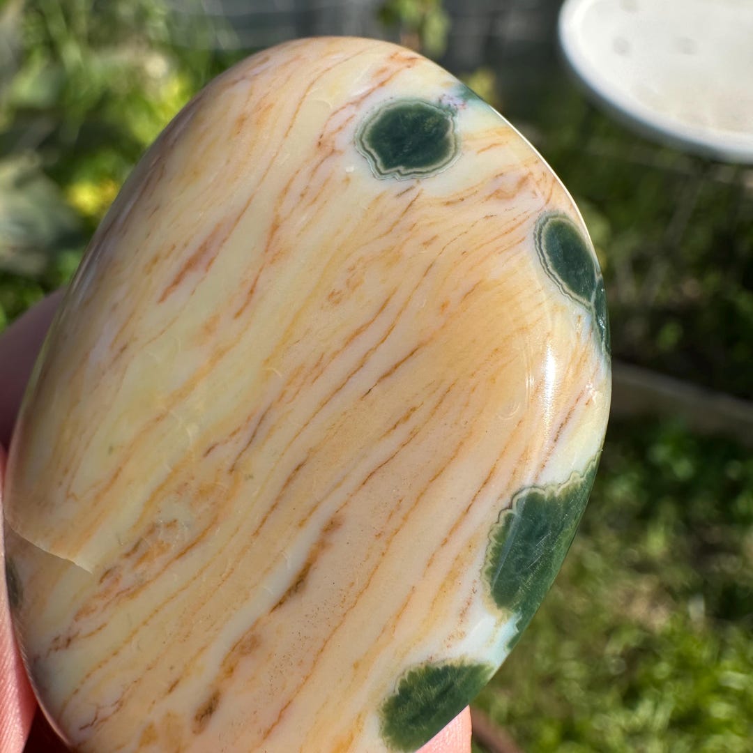 Ocean Jasper Vein 1 Palm Stone Gold Pink Tones | Green Orbs Flowers ...