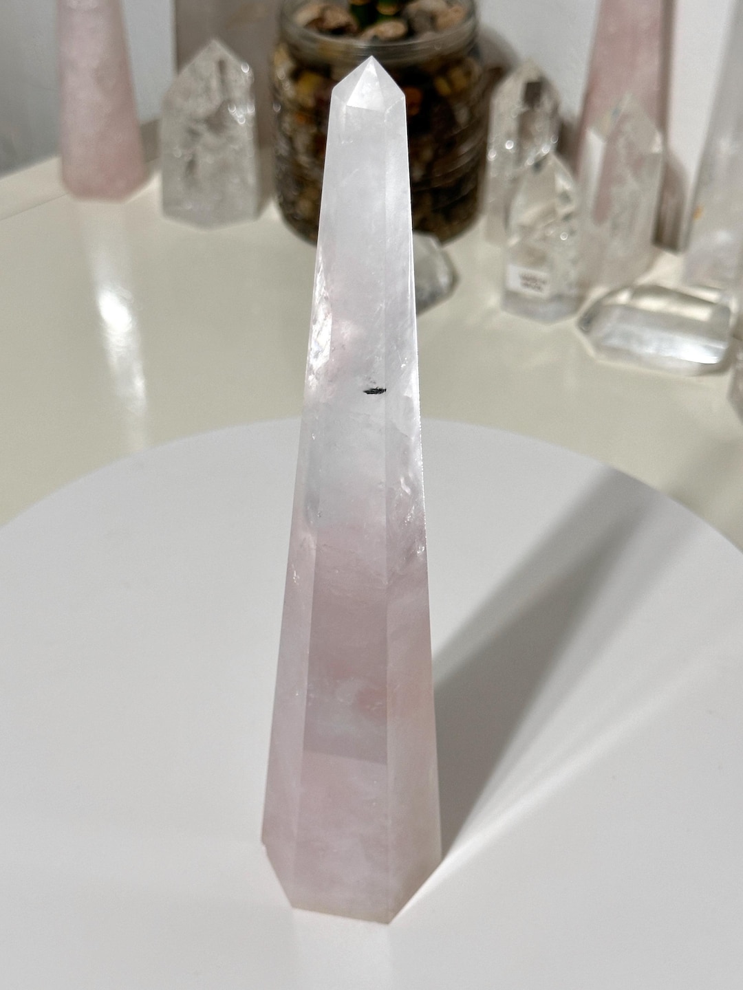 Gemmy Rose Quartz Obelisk Black Tourmaline Inclusions Pink Crystal ...