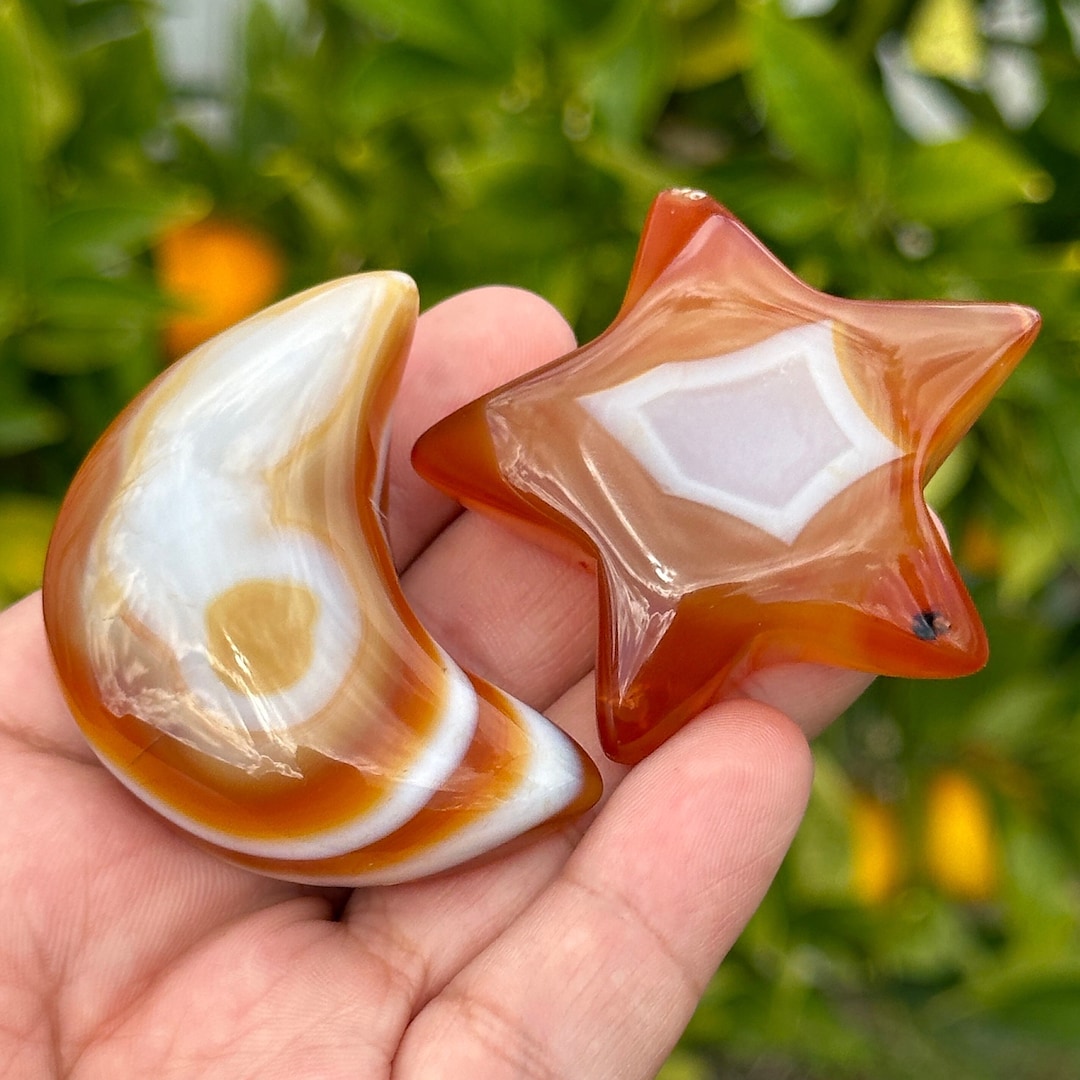 2 Pc Carnelian Celestial Moon & Star Crystal Carving HQ Agate Set - Etsy