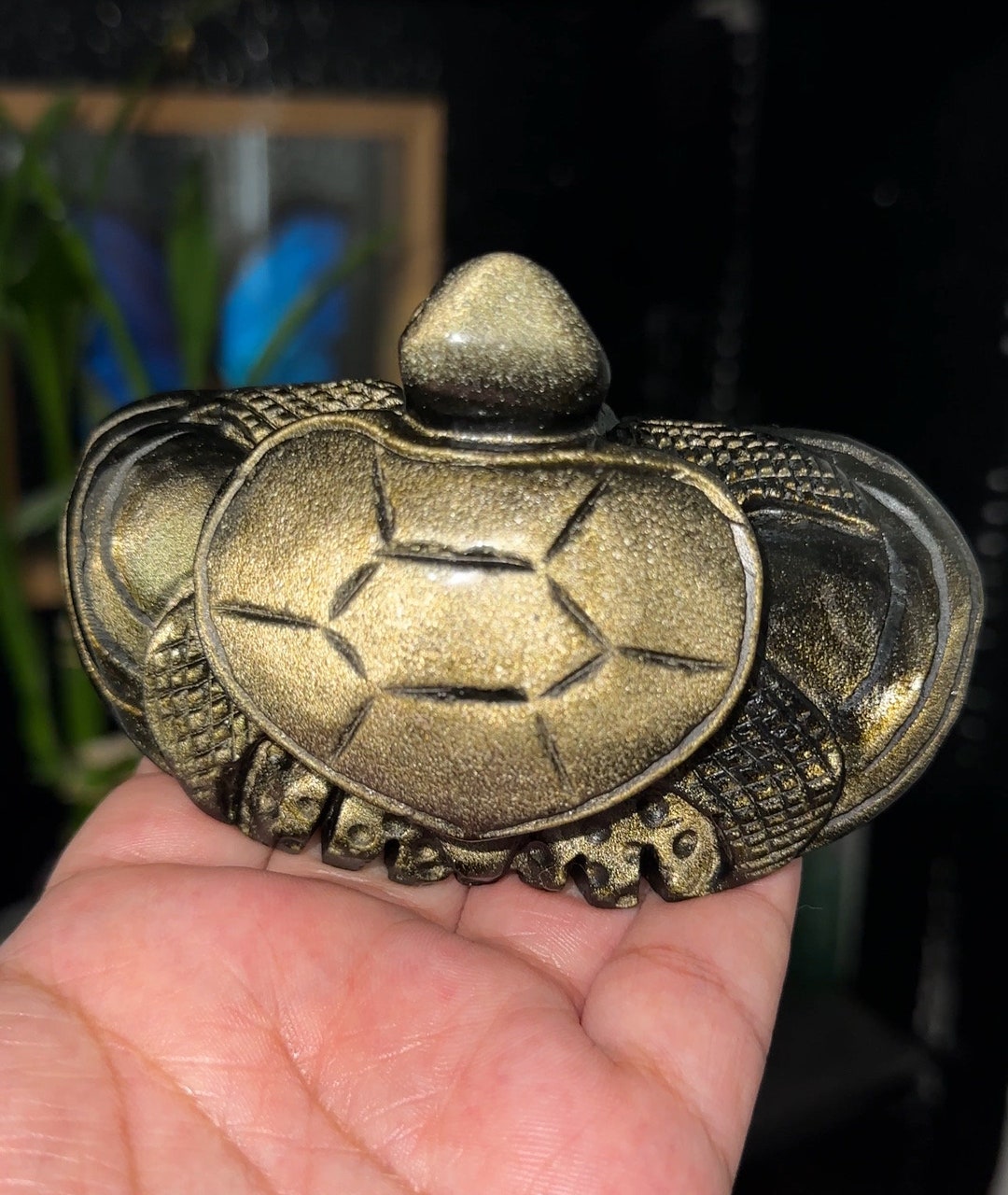 Large Gold Sheen Obsidian HQ Marine Sea Turtle Carving Crystal Gemstone ...