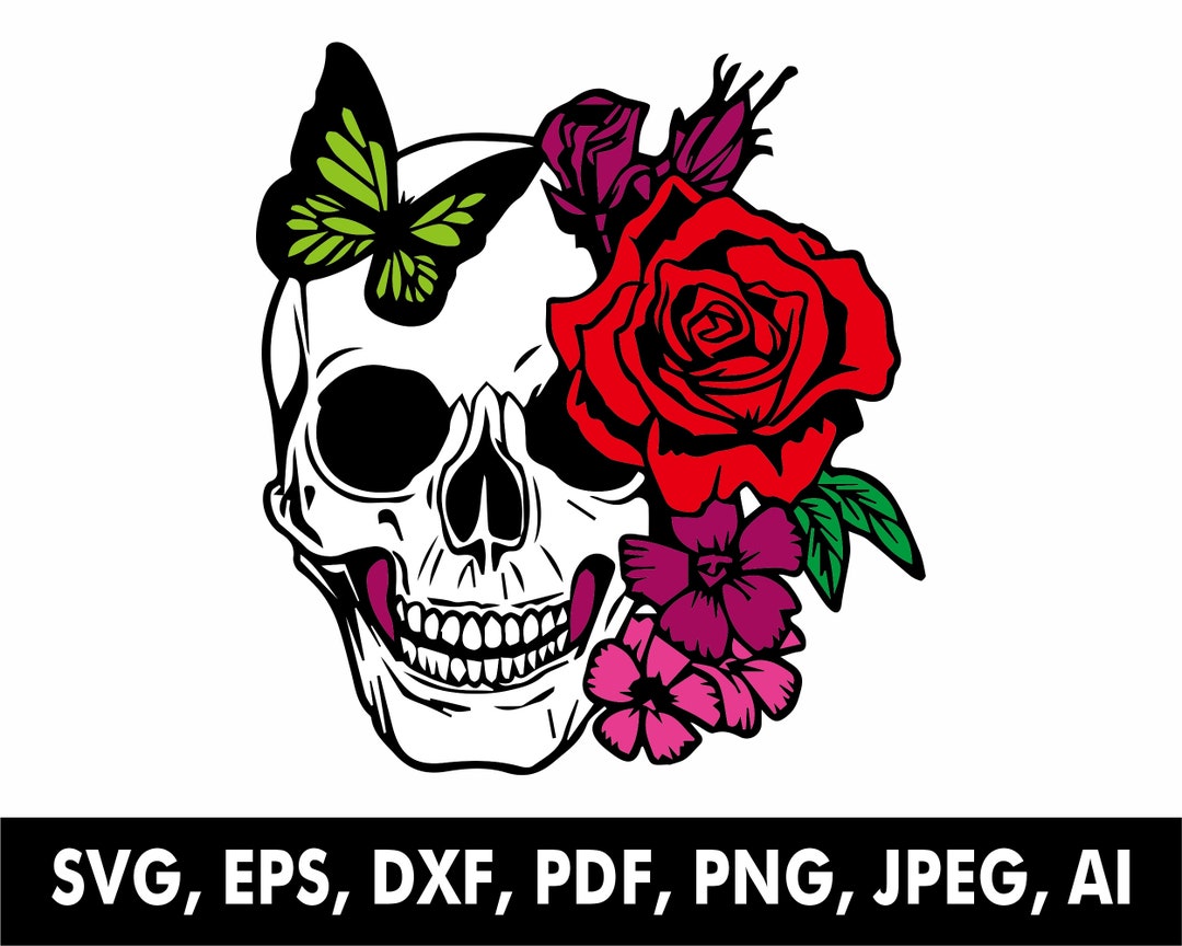 Skull Rose Svg, Skull Svg File, Flower Skull Svg, Skull and Roses ...