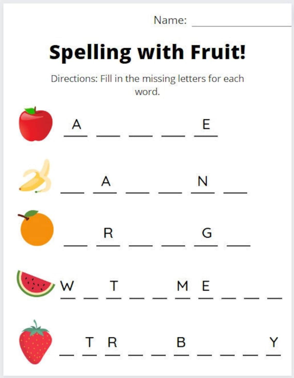 Children's Educational Spelling Activity Worksheet Fruit Themed ...