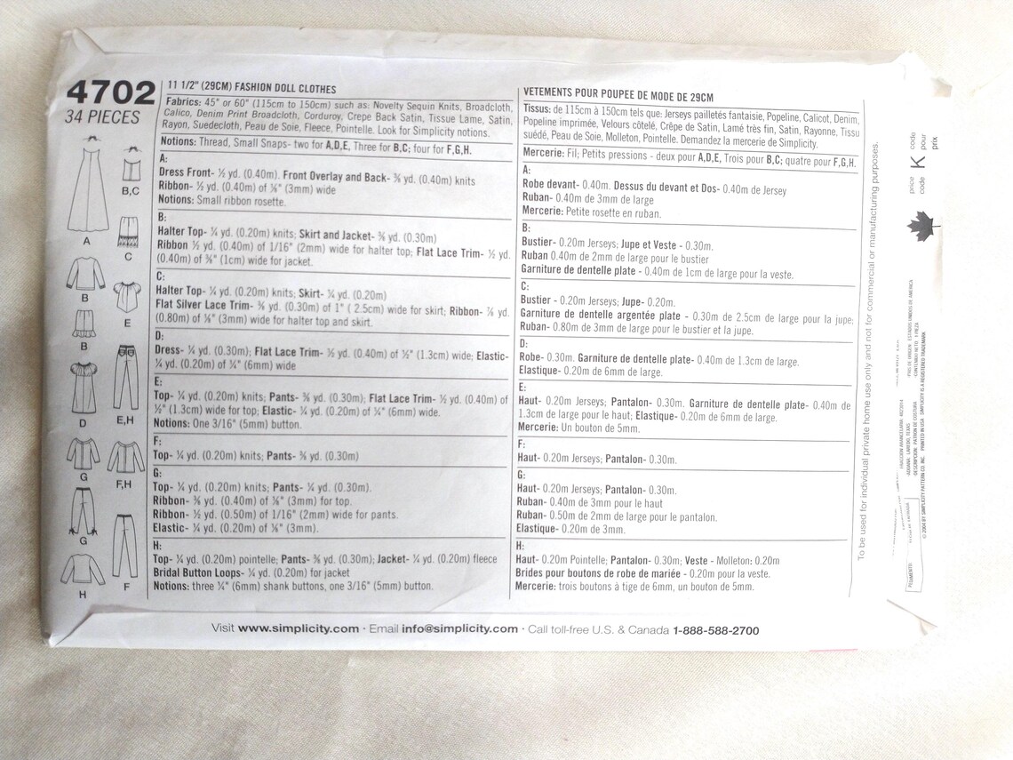 Simplicity Pattern #4702 11.5"(29cm) Fashion Doll Clothes - Etsy