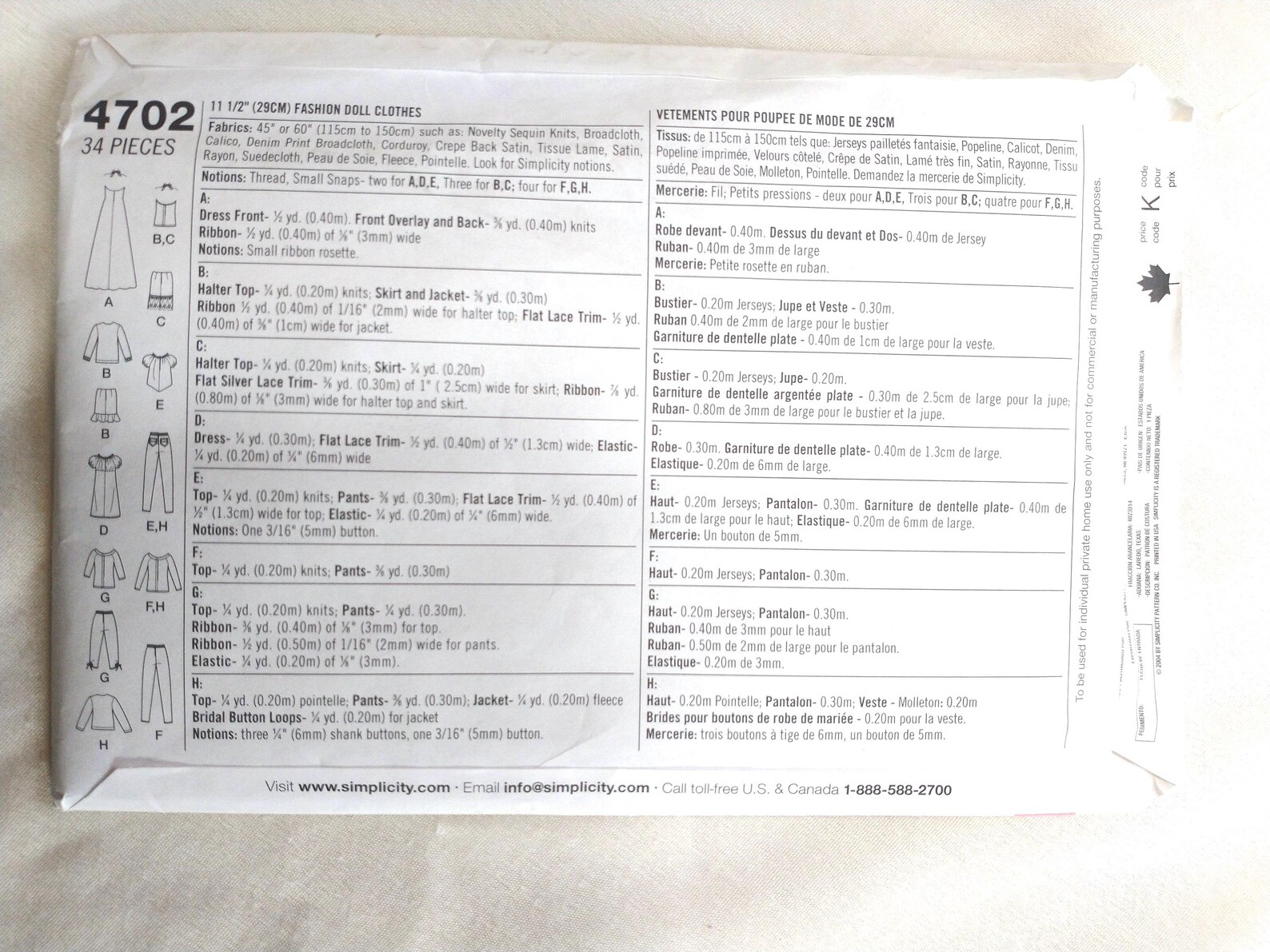 Simplicity Pattern #4702 11.5"(29cm) Fashion Doll Clothes - Etsy