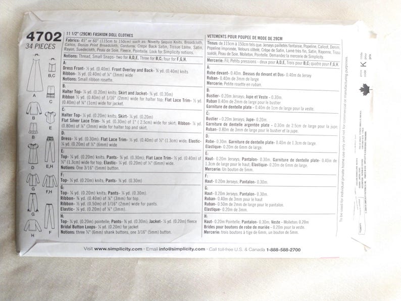 Simplicity Pattern #4702 11.5"(29cm) Fashion Doll Clothes - Etsy