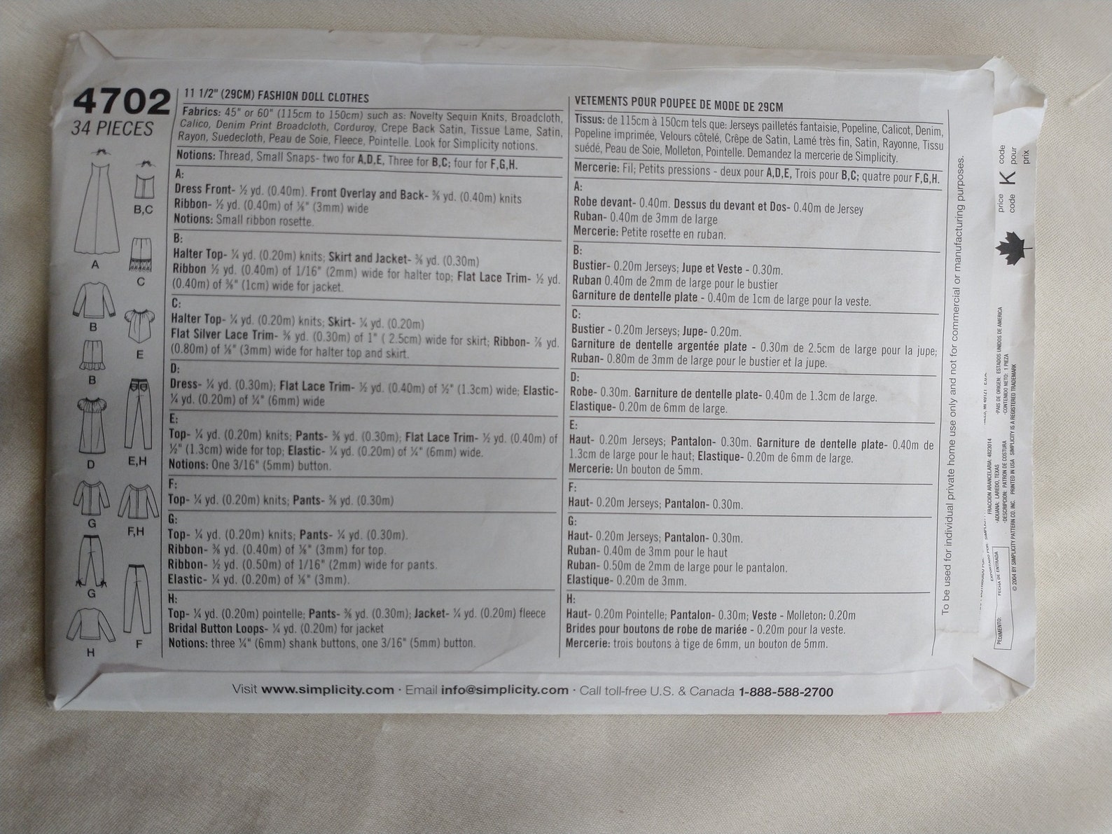 Simplicity Pattern 4702 11.529cm Fashion Doll Clothes - Etsy