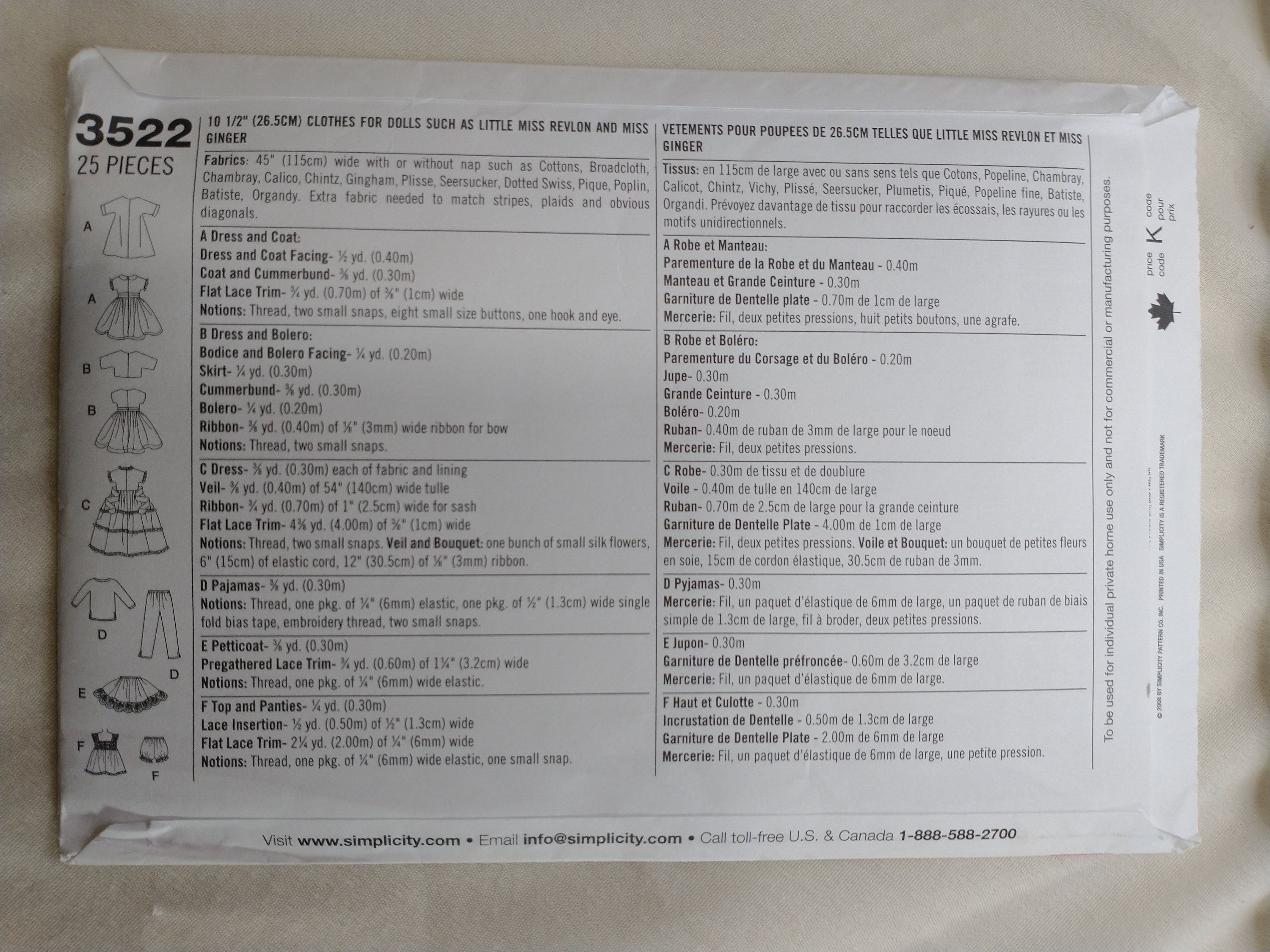 Simplicity Pattern #3522 10 1/2"(26.5cm) Clothes for Dolls Such as ...