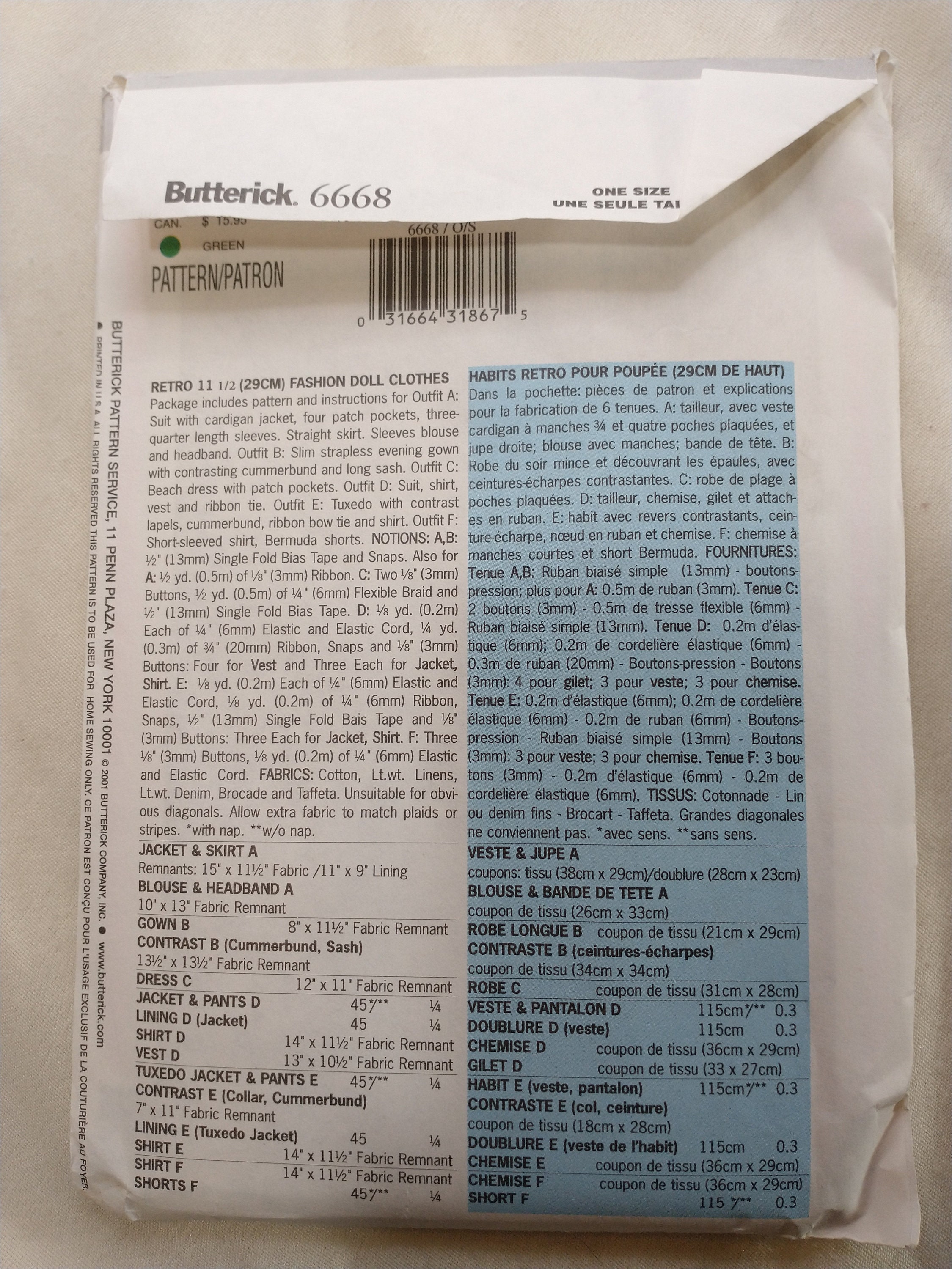 Butterick Pattern 6668 Retro 11.529cm Fashion Doll Clothes - Etsy