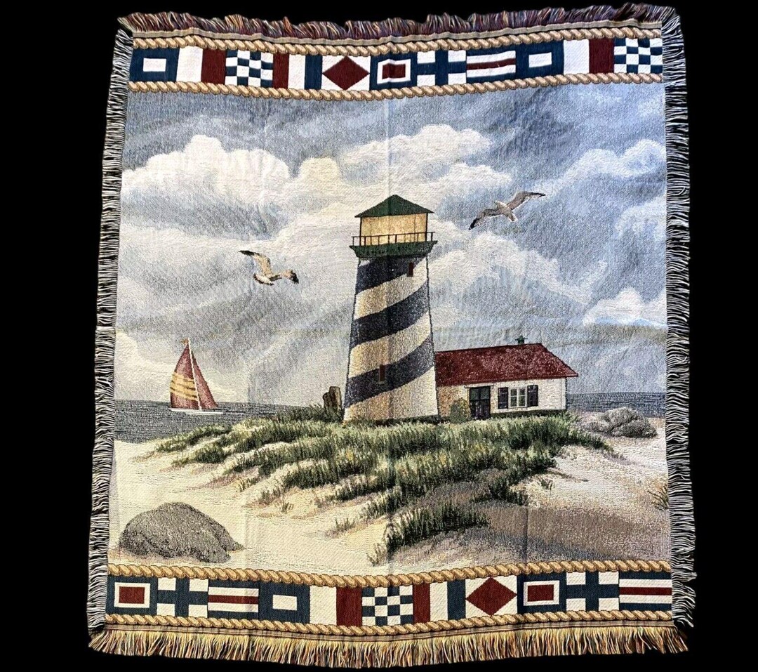 Vintage Lighthouse Woven Throw Blanket Tapestry Fringe 59x51nautical ...