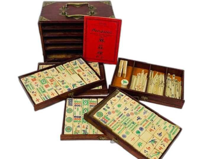 Vintage Antique Mahjong Mah Jongg Jong Set Bamboo Bone Tile Dice Wood ...