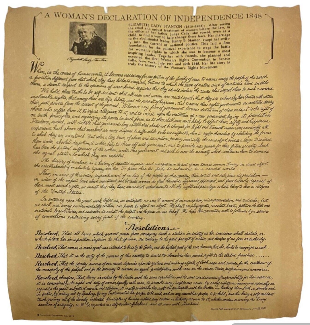 A Woman's Declaration of Independence 1848 Reproduction Document ...