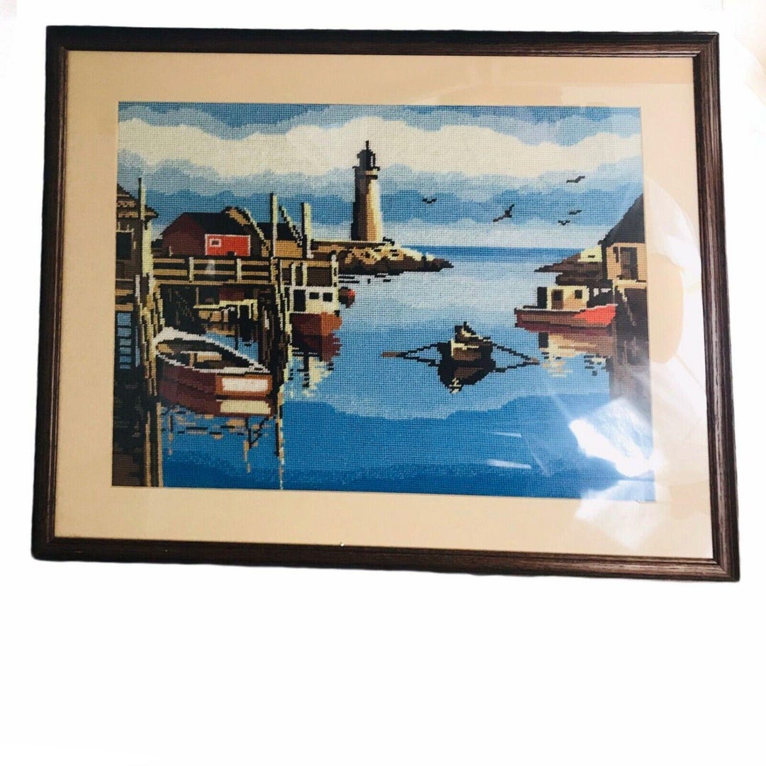 VINTAGE Matted Beach Front Boats Nautical Water Front Needle Work Art ...
