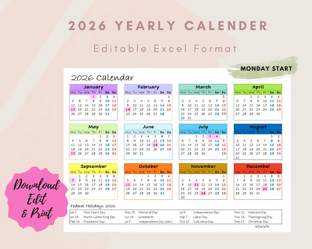 2026 Yearly One Page Excel Calendar - Etsy